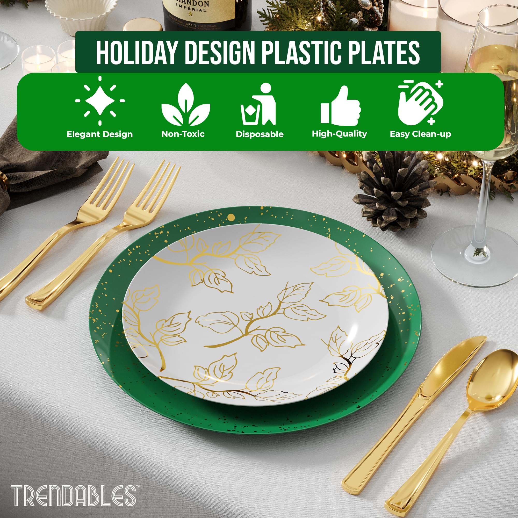 Elegant 10" Green & Gold Matiz Design Plastic Plates - 10 Ct.