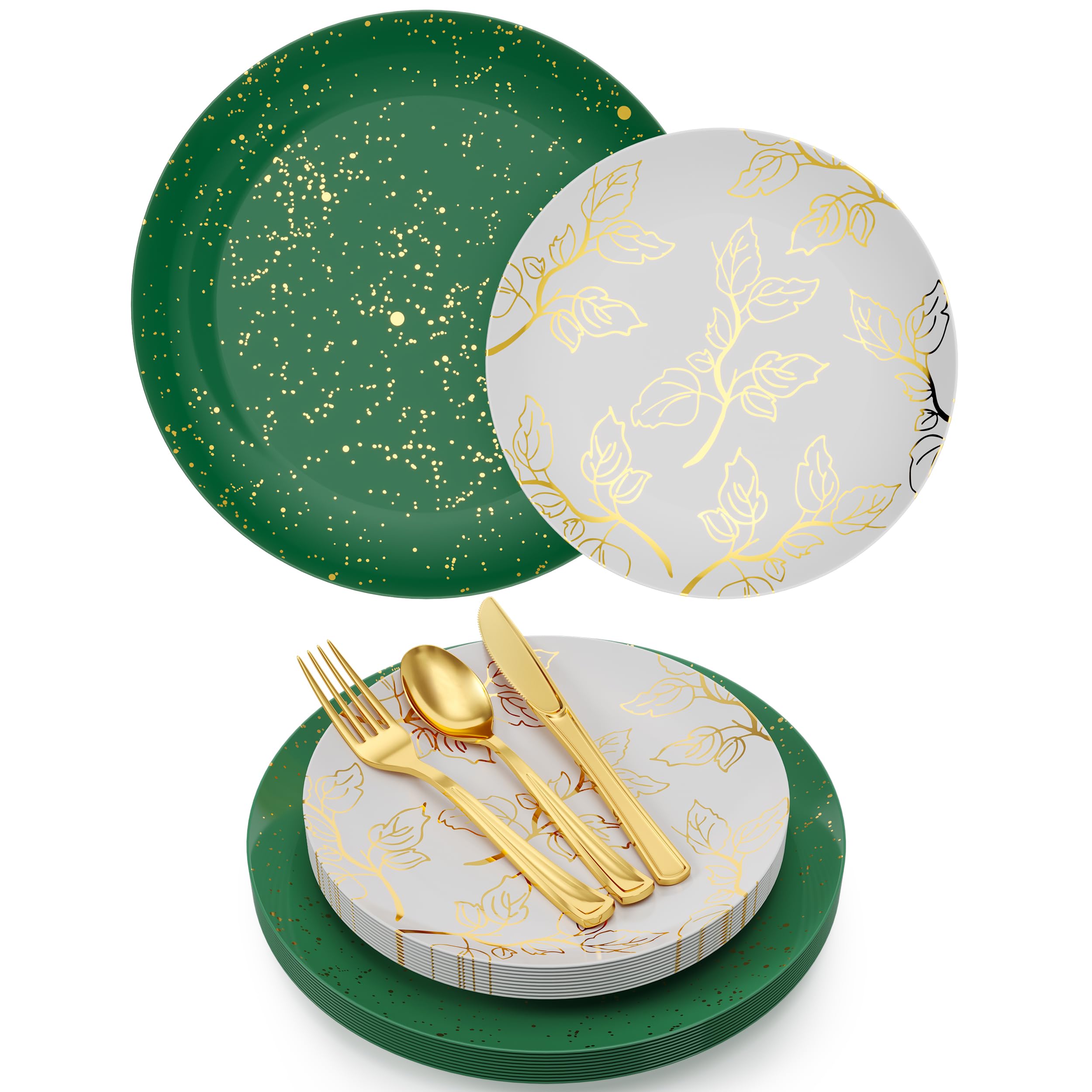 Elegant 10" Green & Gold Matiz Design Plastic Plates - 10 Ct.
