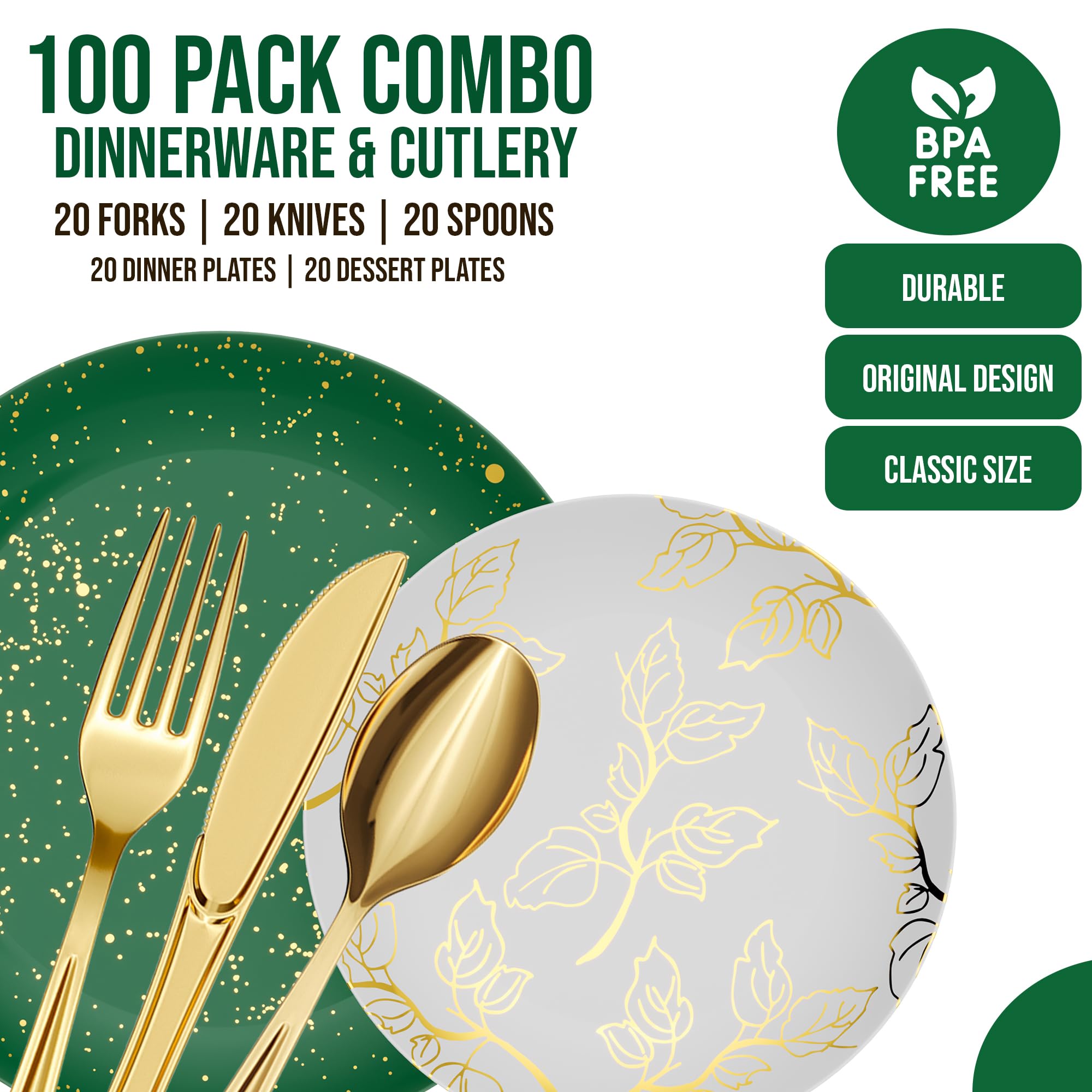 Elegant 10" Green & Gold Matiz Design Plastic Plates - 10 Ct.
