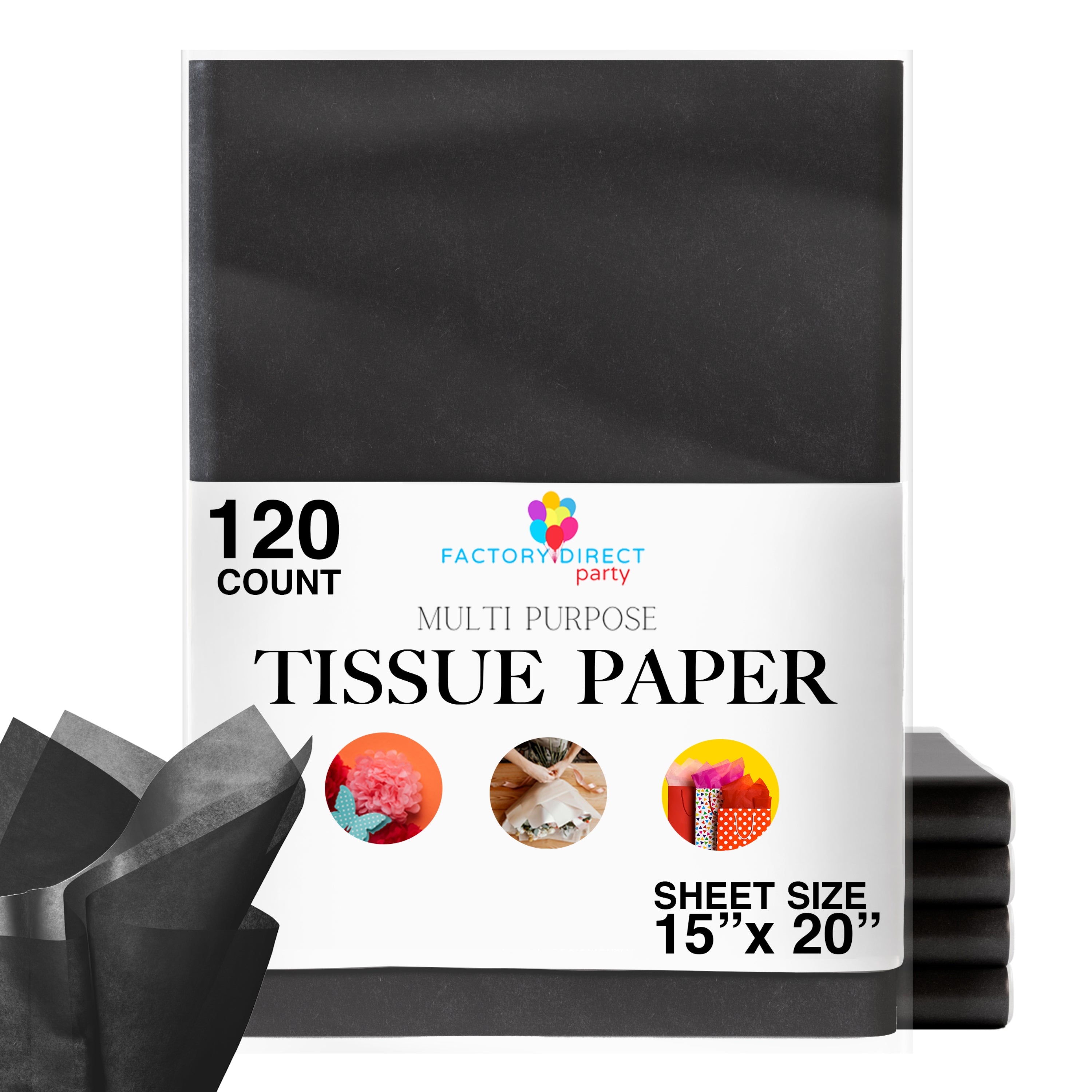 15" x 20" Black Tissue Paper - 120 Ct | Factory Direct Party