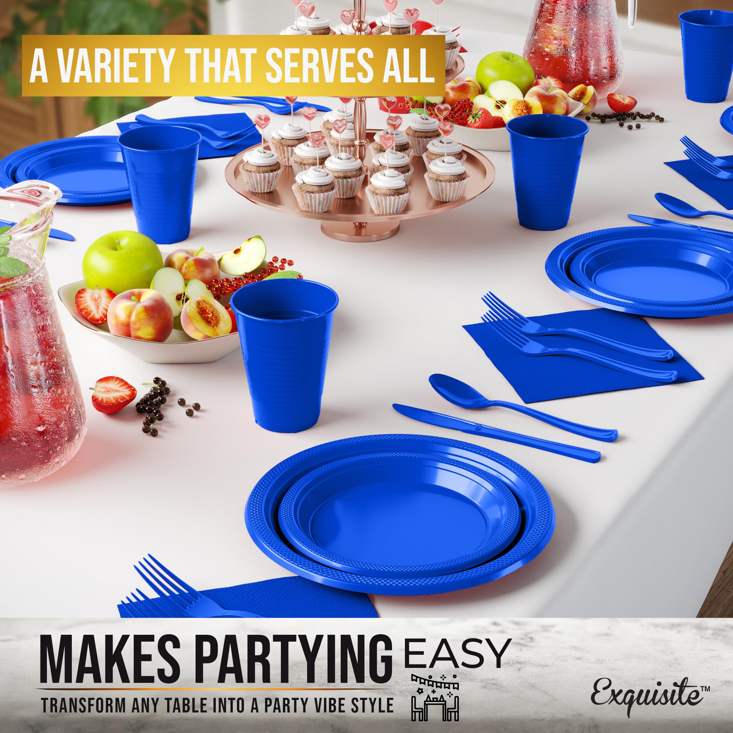 Bulk 350 Pcs Dark Blue Plastic Tableware Set