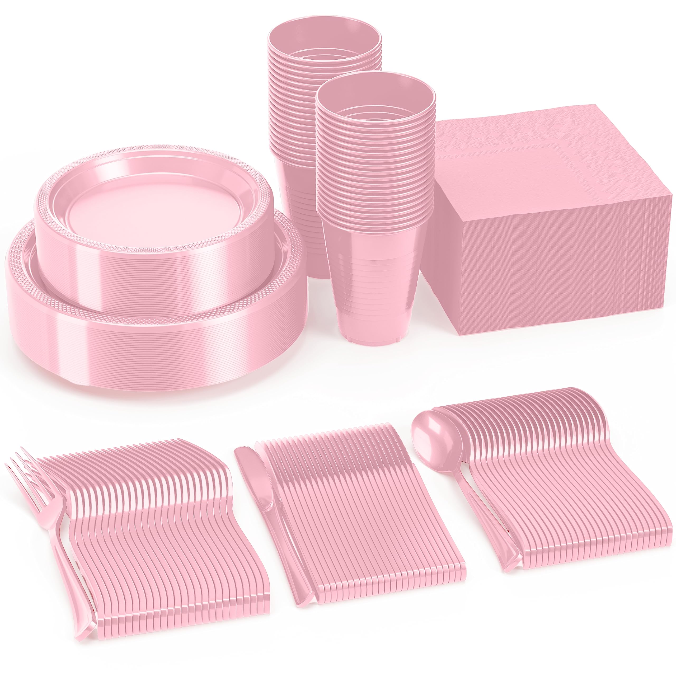 Bulk 350 Pcs Pink Plastic Tableware Set