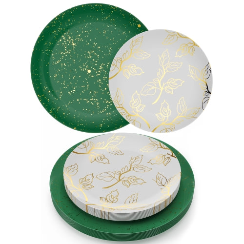 40 Ct. Elegant Green and Gold Floral Plastic Plates | Factory Direct Party